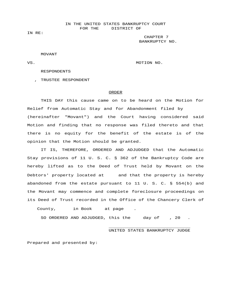 granting relief stay order Doc Template | pdfFiller