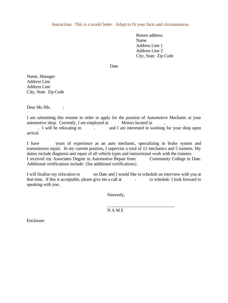 Resume Cover Letter for Automotive Mechanic Doc Template | pdfFiller