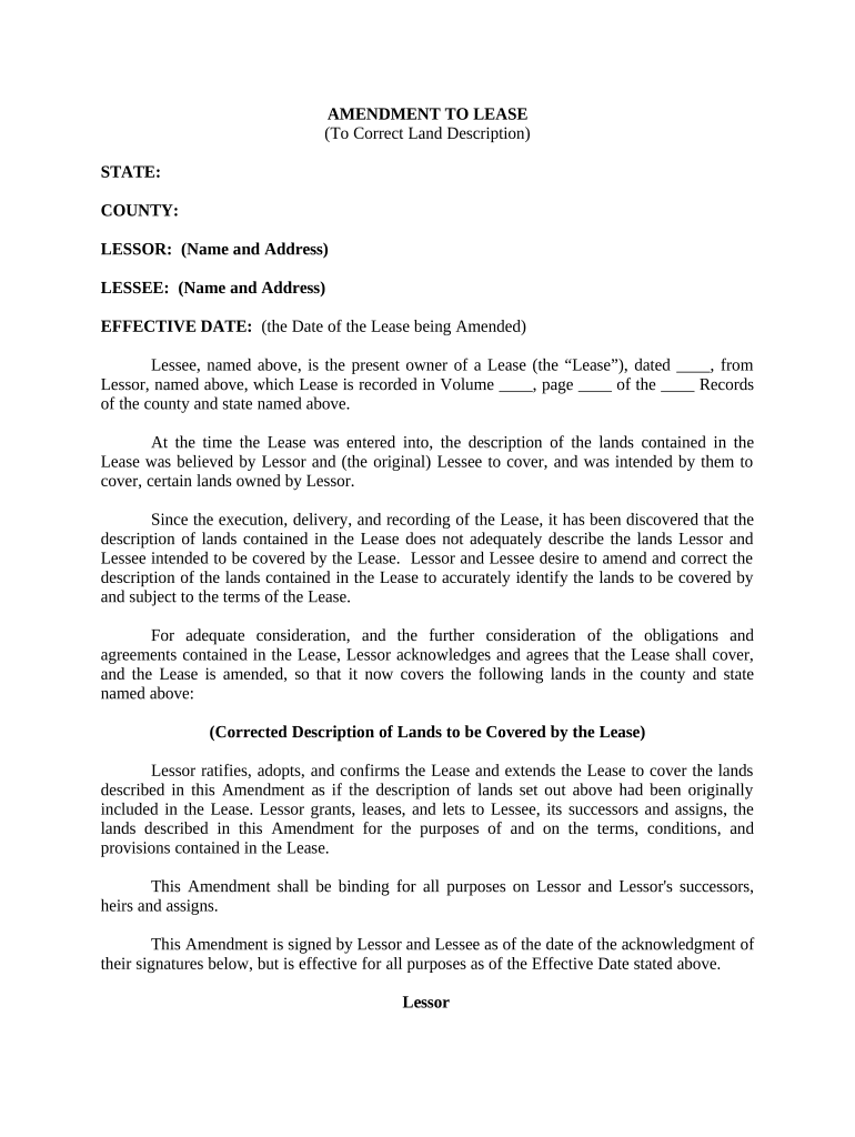 Amendment to Oil and Gas Lease to Correct Land Description: Fill out ...