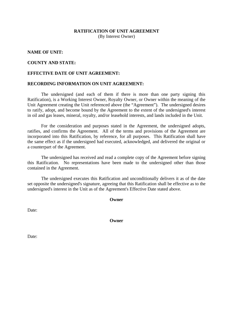 Ratification of Unit Agreement (By Interest Owner): Fill out & sign ...