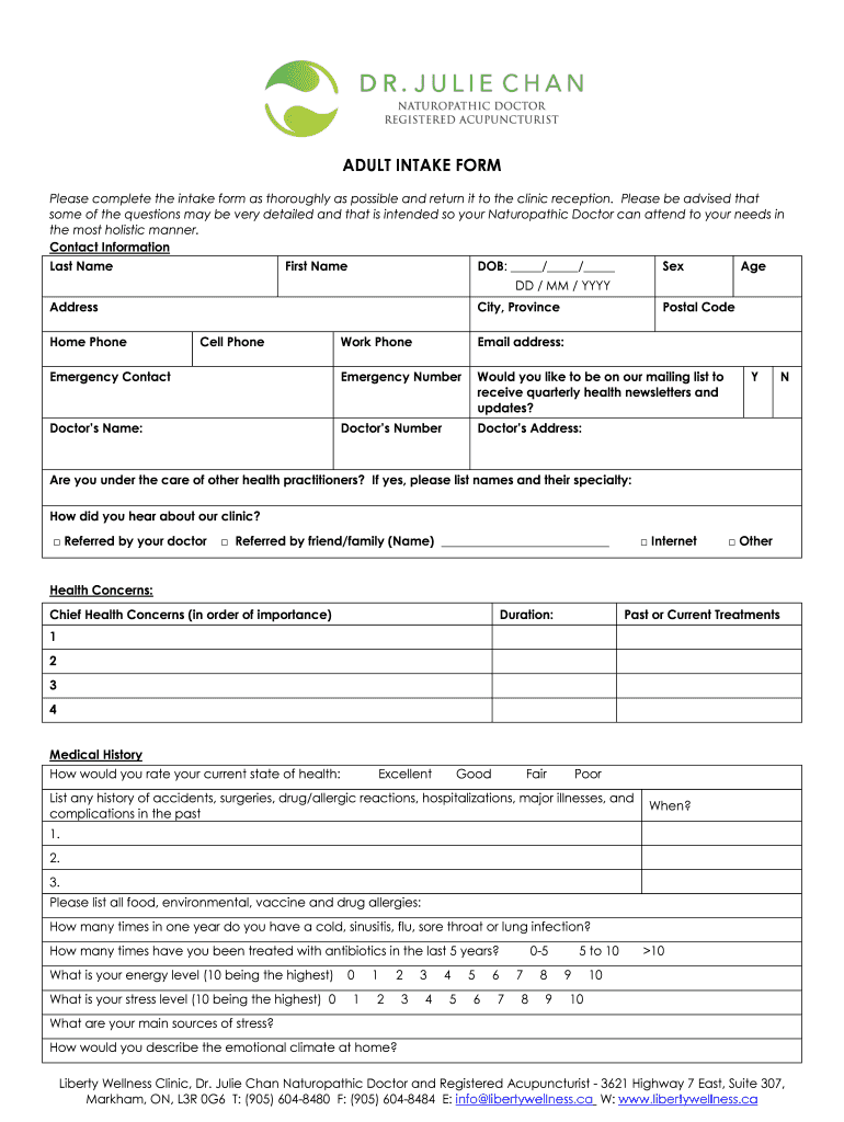 Fillable Online ADULT INTAKE FORM - Liberty Wellness Fax Email Print ...