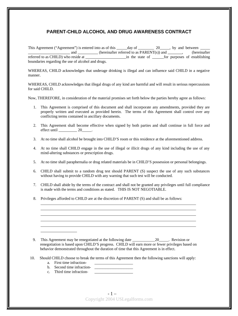 Parent Child Contract For Alcohol And Drug Awareness Doc Template 