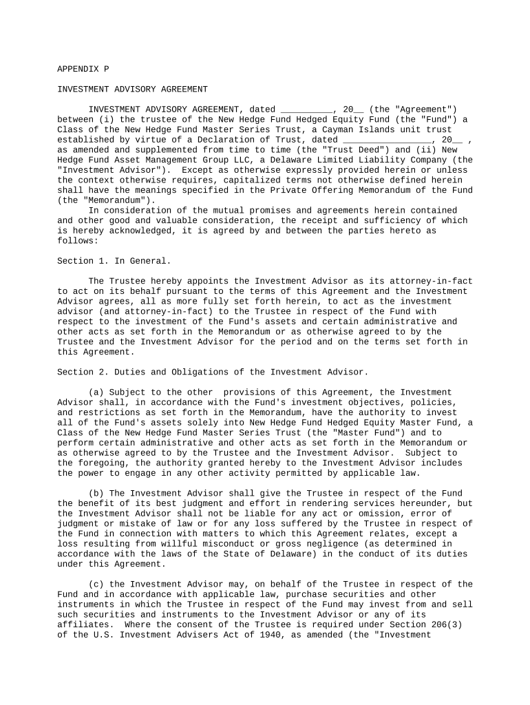 Investment Advisory Agreement Template