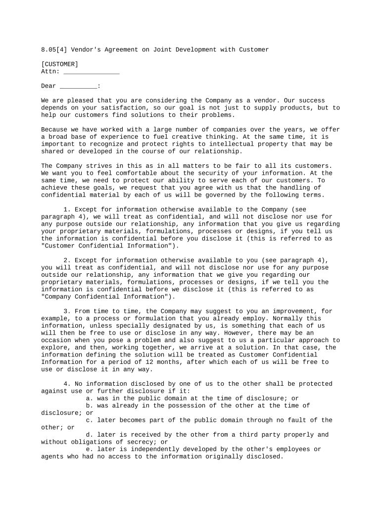Vendor Agreement on Joint Development with Customer: Fill out & sign ...