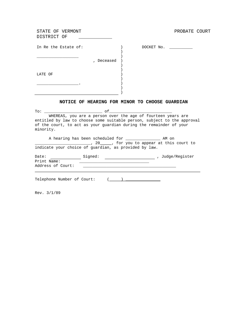 Notice of Hearing for Minor to Choose Guardian - Vermont Doc Template ...