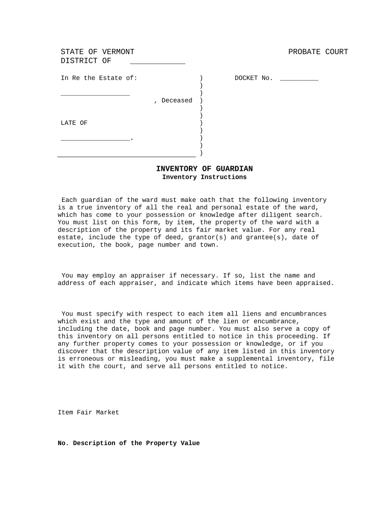 Inventory of Guardian - Vermont Doc Template | pdfFiller