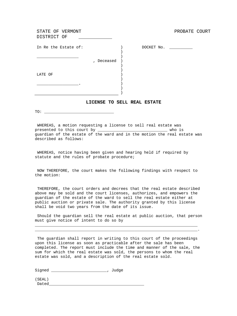 License to Sell Real Estate - Vermont Doc Template | pdfFiller