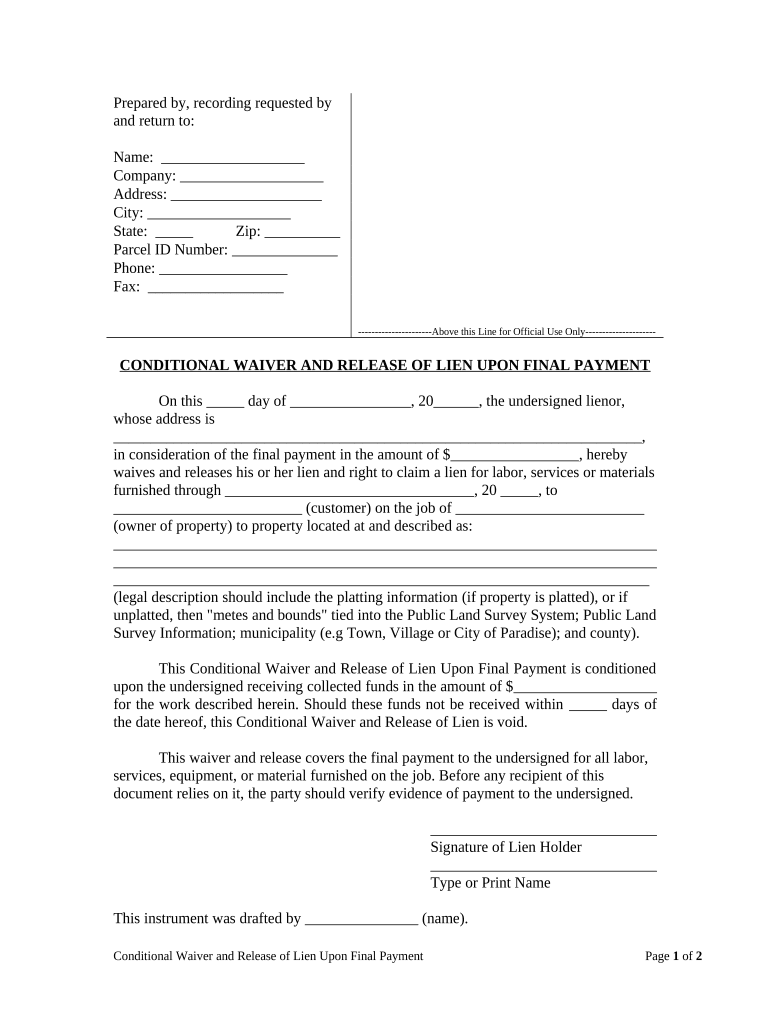Conditional final lien waiver form: Fill out & sign online | DocHub