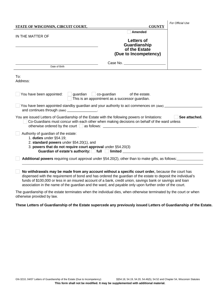 Letters Of Guardianship Of The Estate (Due To Incompetency) - Wisconsin ...