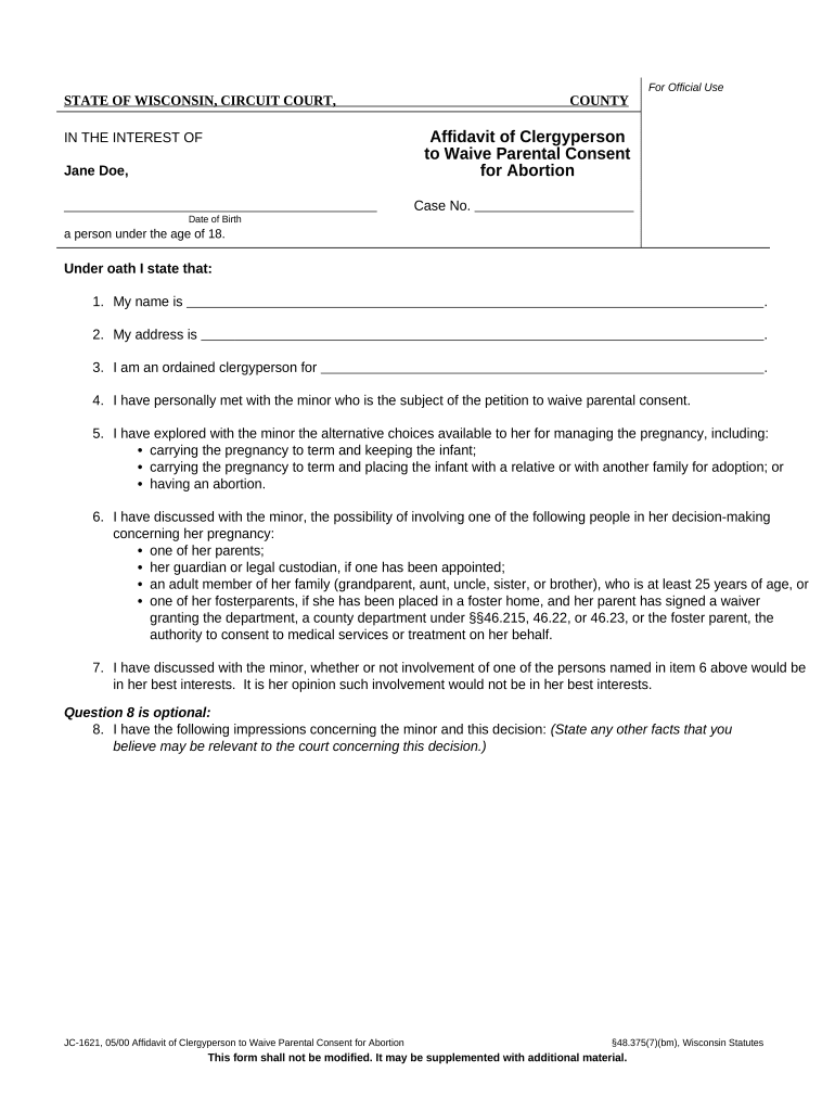 Affidavit Of Clergyperson To Waive Parental Consent For Abortion 