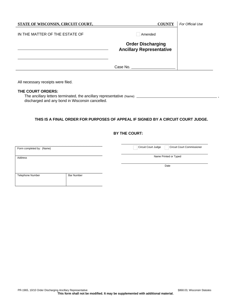 Ancillary Representative - Order Of Discharge Doc Template | pdfFiller