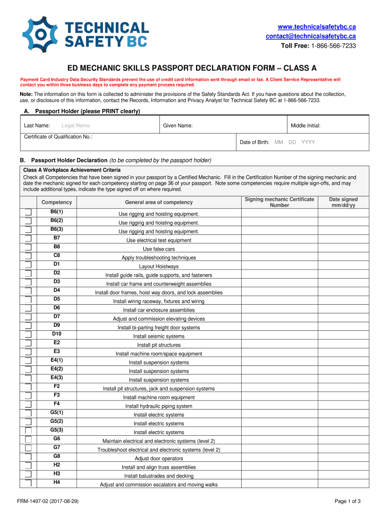 Fillable Online ED MECHANIC SKILLS PASSPORT DECLARATION FORM CLASS A ...