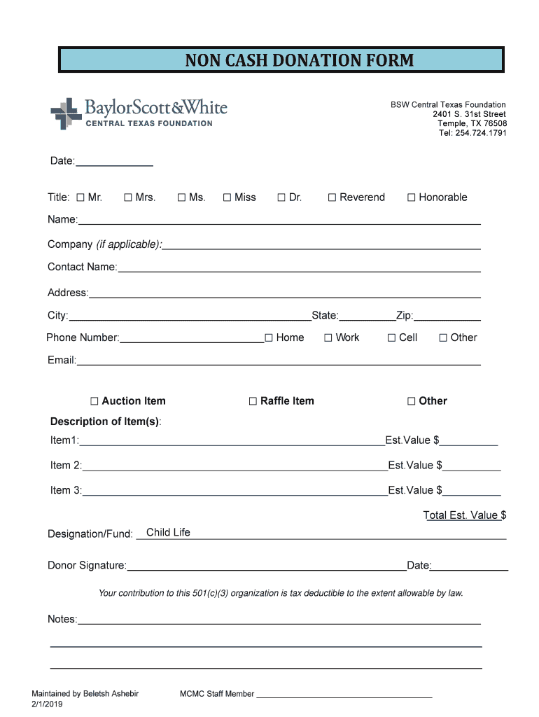Fillable Online NON CASH DONATION FORM Fax Email Print - pdfFiller