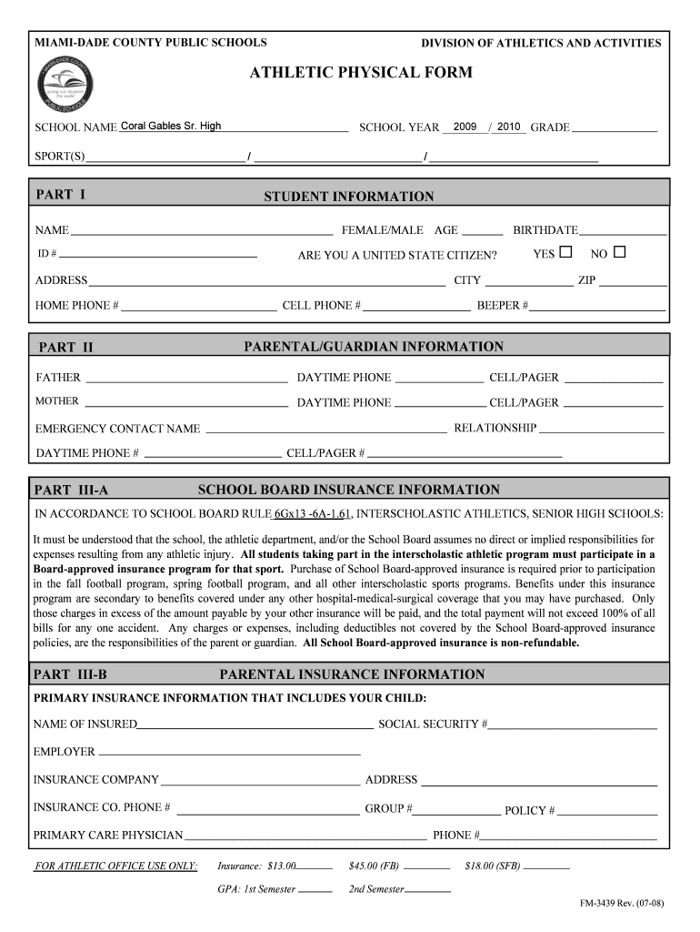 Fillable Online ATHLETIC PHYSICAL FORM - Coral Gables Senior High ...