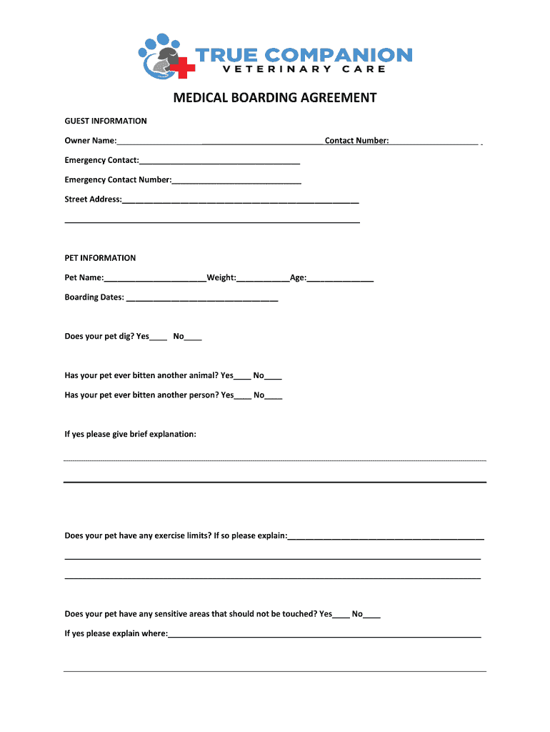 Fillable Online Medical Boarding Agreement - Kenwood Animal Hospital ...
