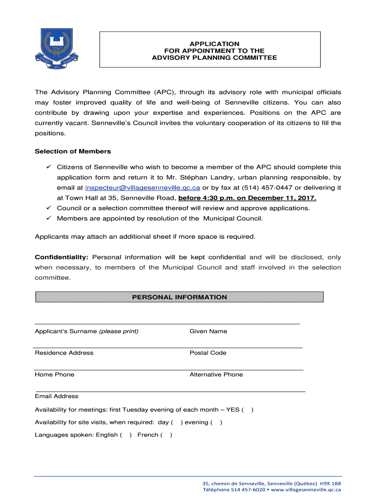 Fillable Online villagesenneville qc 171127-APPLICATION FORM APC.doc Fax Email Print - pdfFiller