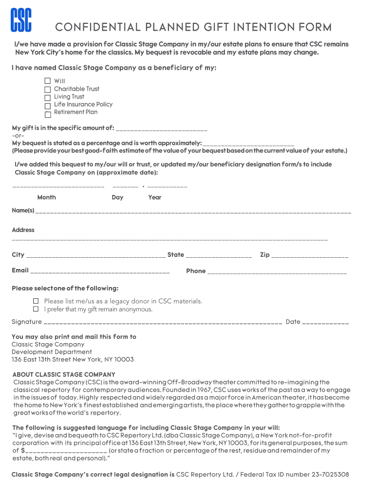 Fillable Online confidential planned gift intention form - Classic ...