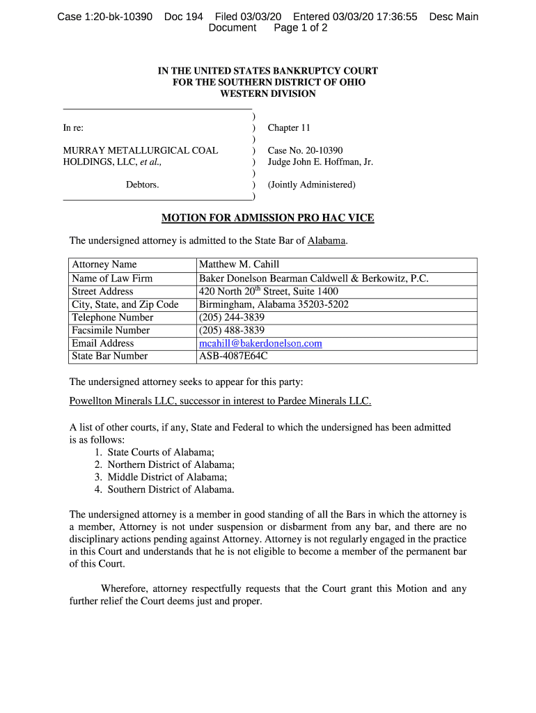 Fillable Online Murray Metallugical Motion to Appear Pro Hac Vice for ...