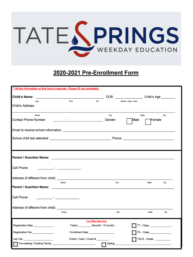 Fillable Online 2020-2021 Pre-Enrollment Form Fax Email Print - pdfFiller