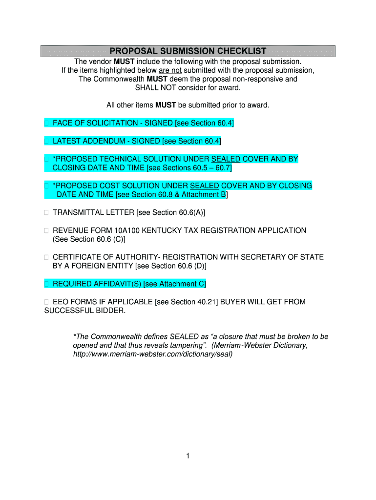 Fillable Online Get the PROPOSAL SUBMISSION CHECKLIST The vendor MUST ...