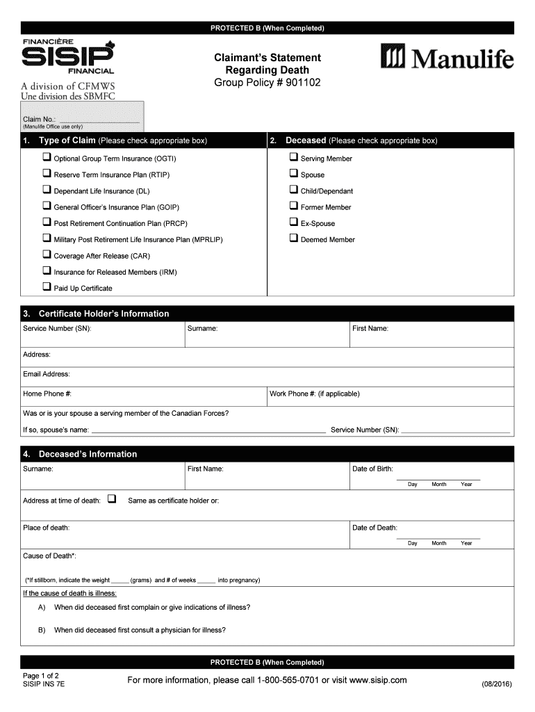 Fillable Online Claimant's Statement Regarding Death - SISIP Financial ...