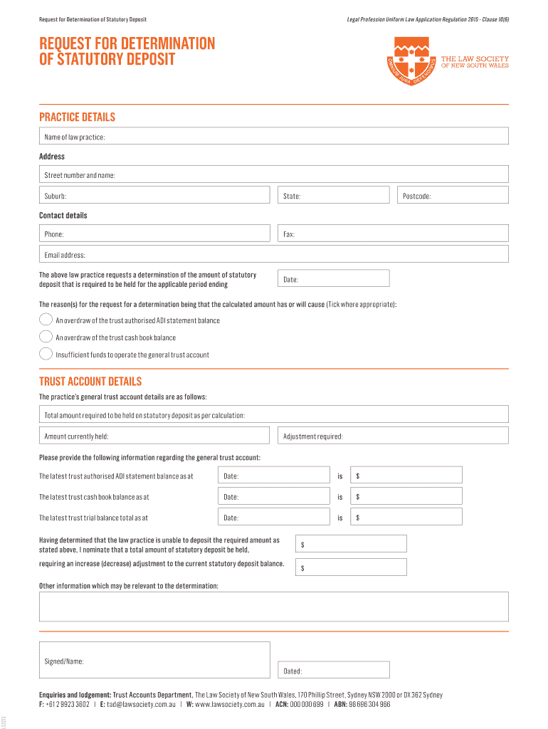 Fillable Online request for determination of statutory deposit Fax ...
