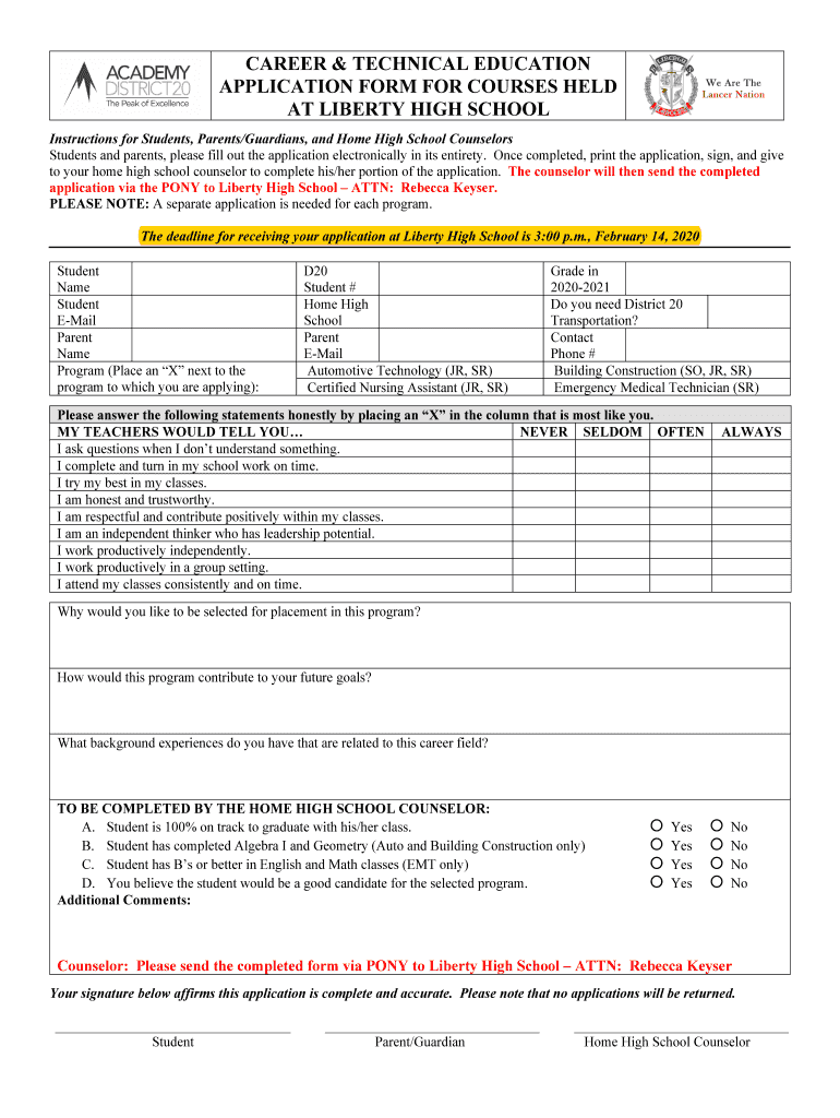 Fillable Online liberty asd20 LHS CTE Application Form 2020-2021 ...