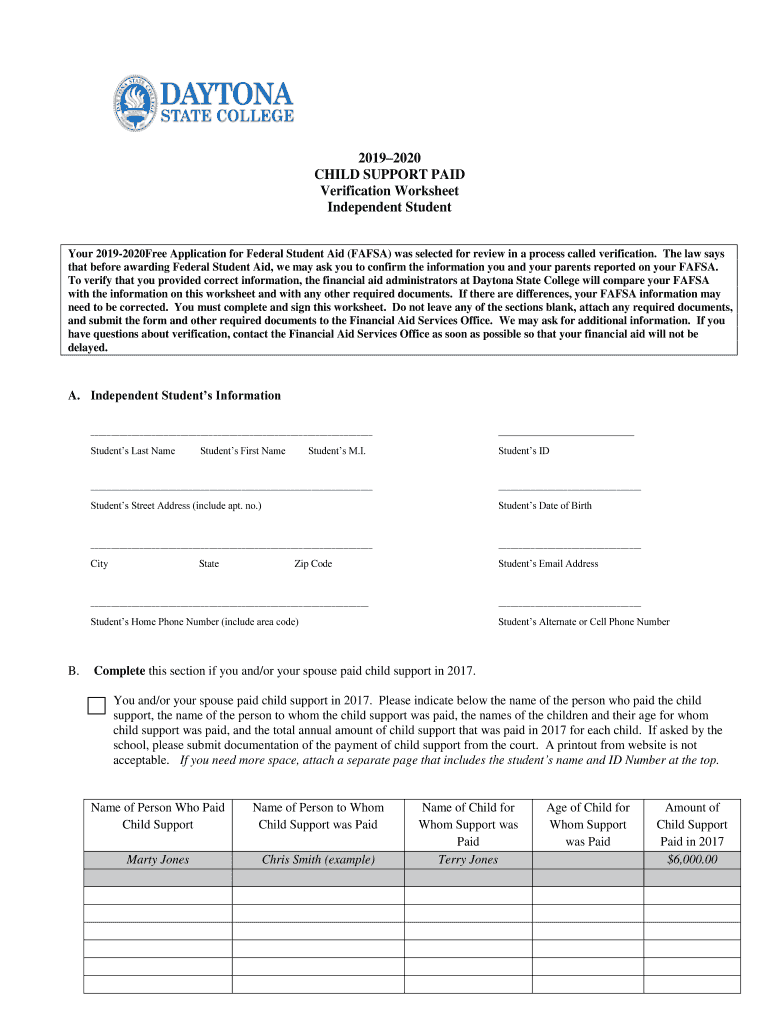 Fillable Online 2019 2020 CHILD SUPPORT PAID Verification Worksheet ...