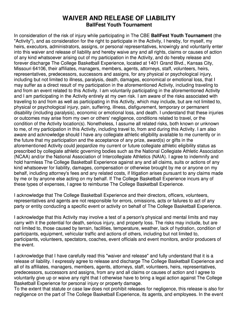 Fillable Online WAIVER AND RELEASE OF LIABILITY-bf - College Basketball ...
