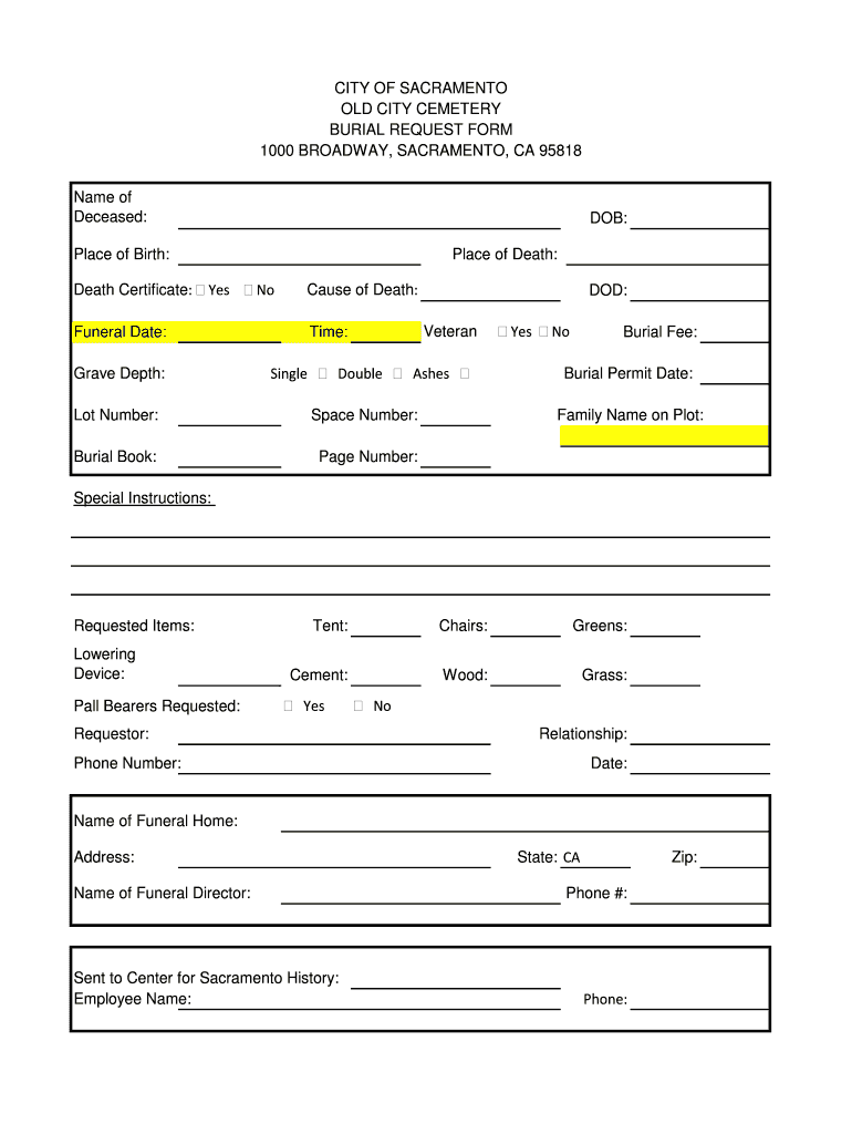 Fillable Online CEMETERY BURIAL REQUEST PROCESS To request a ... Fax ...