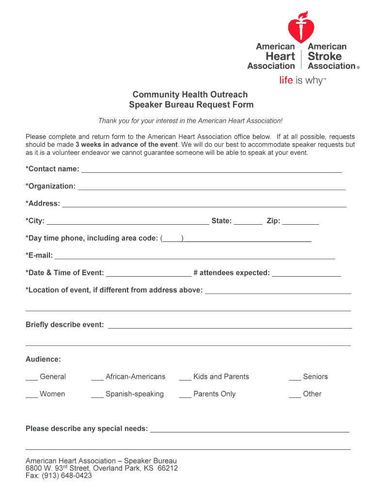 Fillable Online American Heart Association Speaker-Health Fair Request ...