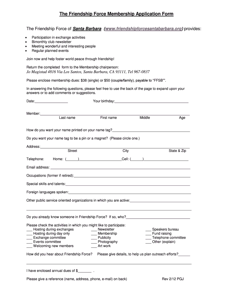 Fillable Online The Friendship Force Membership Application Form Fax ...