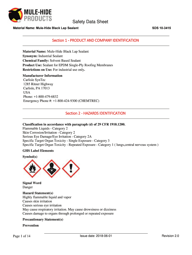 Fillable Online Mule-Hide EPDM Black Lap Sealant - SDS. SDS for Mule ...
