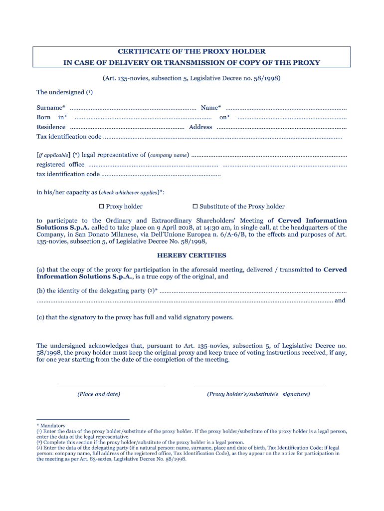 Fillable Online CERTIFICATE OF THE PROXY HOLDER IN CASE ... - Cerved ...