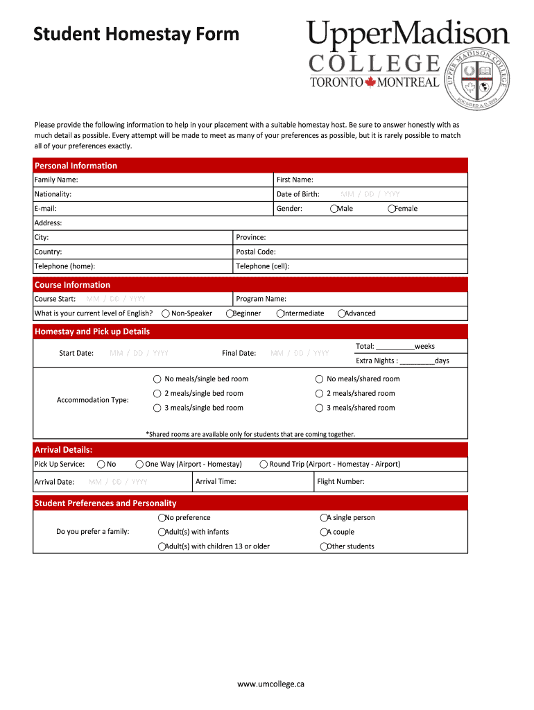 Fillable Online Student Homestay Form Fax Email Print - pdfFiller