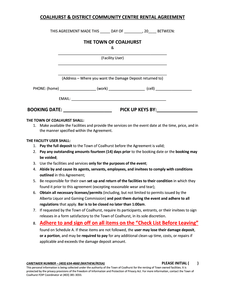 Fillable Online COALHURST & DISTRICT COMMUNITY CENTRE RENTAL AGREEMENT ...