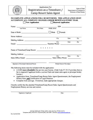 Fillable Online realestate utah State of Utah APPLICATION FOR ...