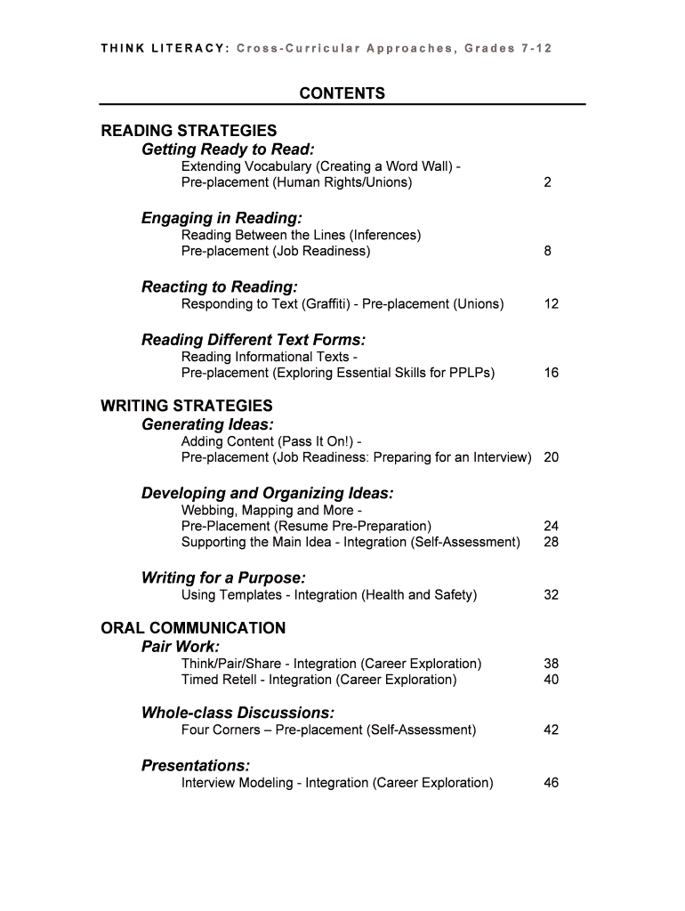 Fillable Online Think Literacy: Cross-Curricular Approaches, Grades ...