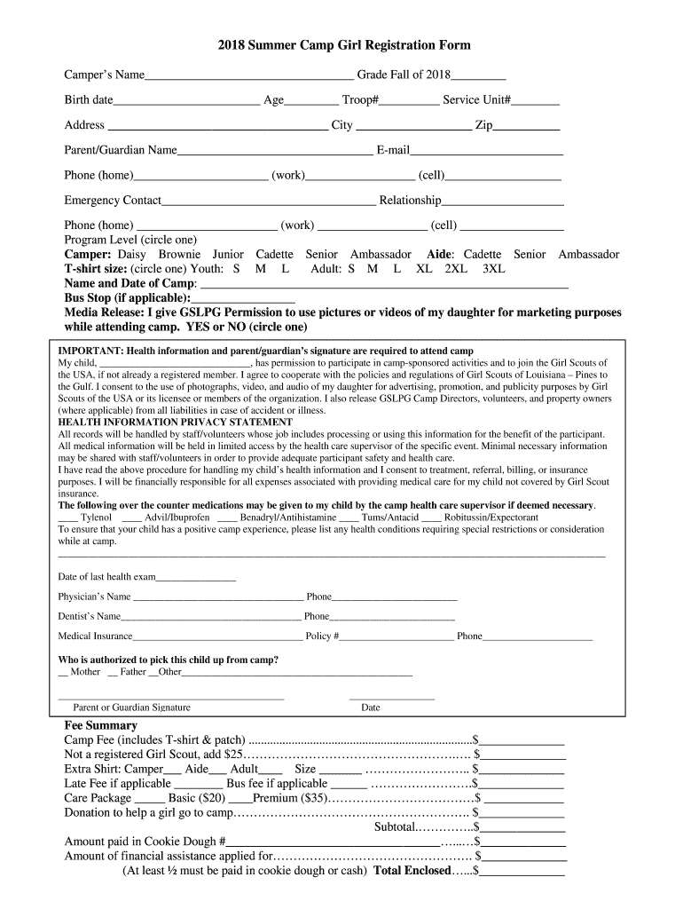 Fillable Online 2018 SUMMER CAMP REGISTRATION FORM - Girl Scouts of ...