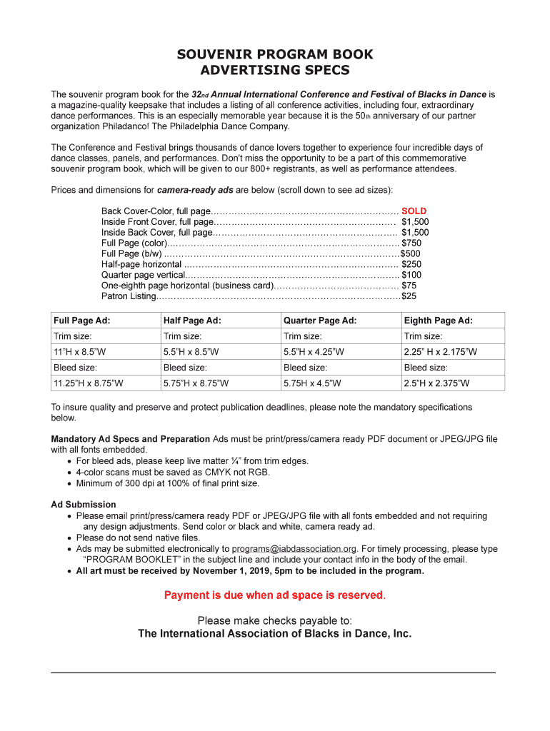 Fillable Online souvenir program book advertising specs - The ...