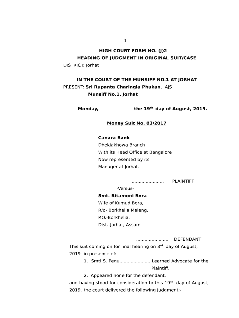 Fillable Online jorhatjudiciary gov HIGH COURT FORM NO. (J) 2 HEADING ...