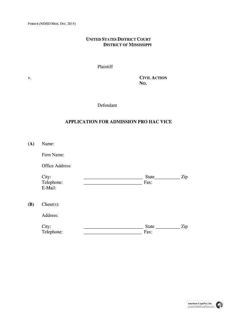 Fillable Online Southern District Of Mississippi Pro Hac Vice Form ...