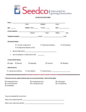 Fillable Online INTAKE SELECTION FORM Race DOB Social Security No Fax ...