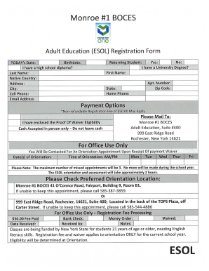 Fillable Online Adult Education (ESOL) Registration Form Fax Email ...