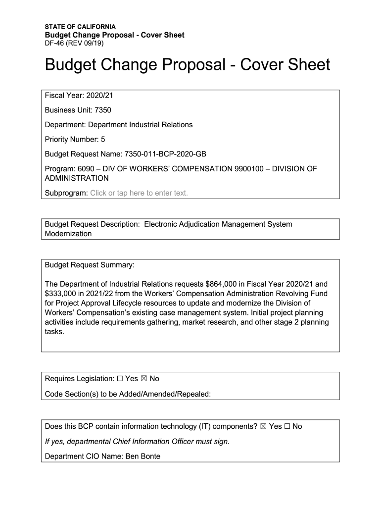 Fillable Online Budget Change Proposal - Cover Sheet - CA.gov Fax Email ...