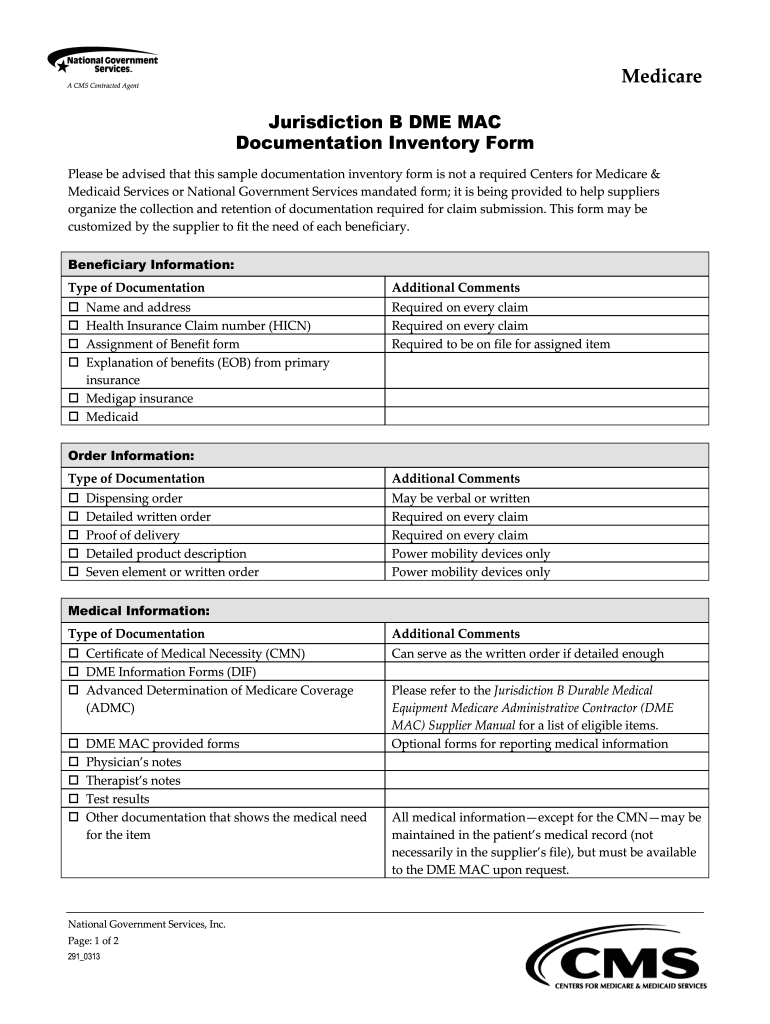 Fillable Online Jurisdiction B DME MAC Documentation Inventory Form ...
