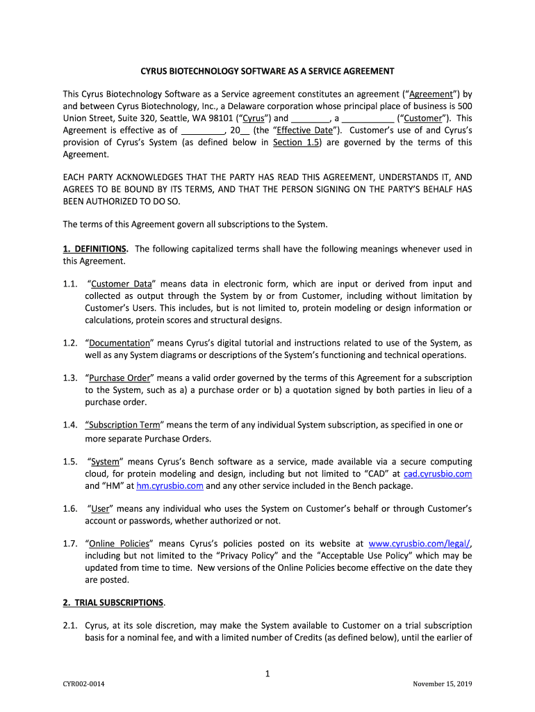 Fillable Online CYRUS BIOTECHNOLOGY SOFTWARE AS A SERVICE AGREEMENT Fax ...