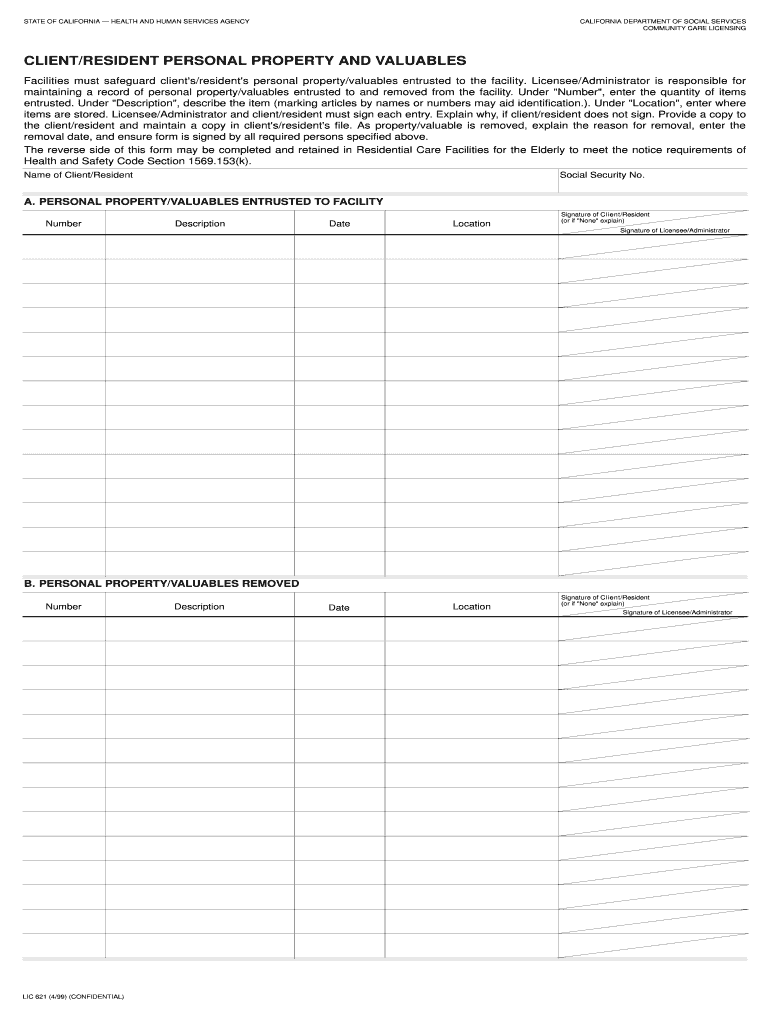 Fillable Online CLIENT/RESIDENT PERSONAL PROPERTY AND VALUABLES Fax ...