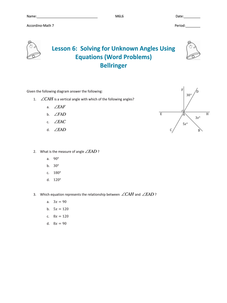 Fillable Online lesson 6 solving for unknown angles using equations ...