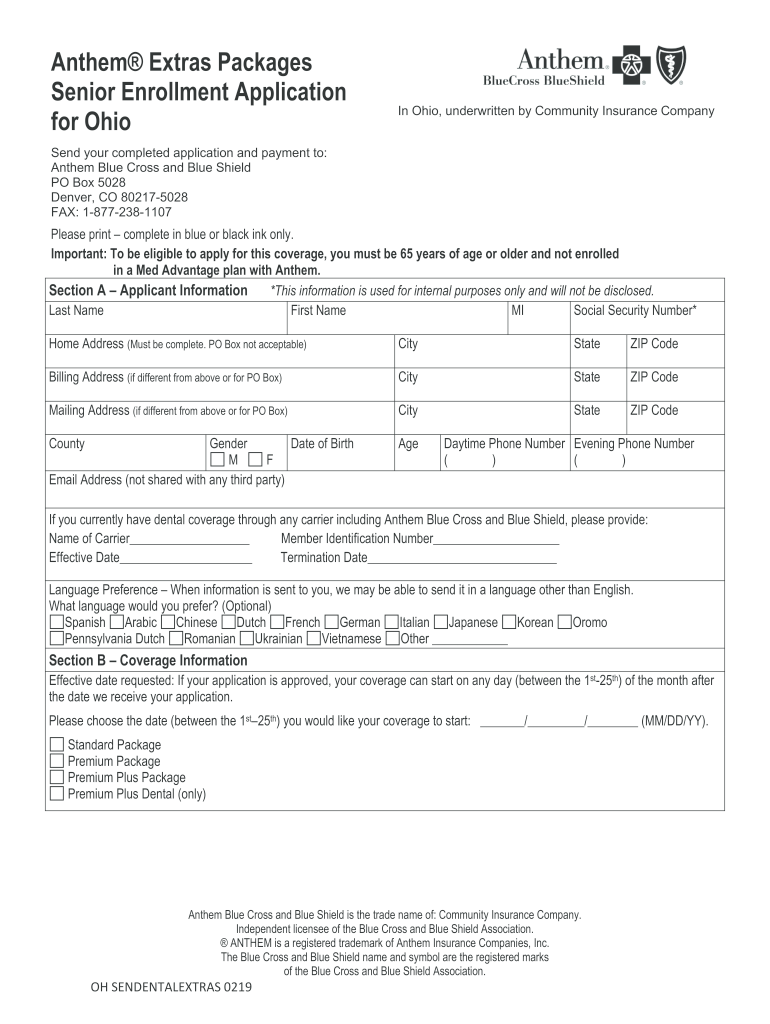 Fillable Online Anthem Extras Packages Senior Enrollment Application ...